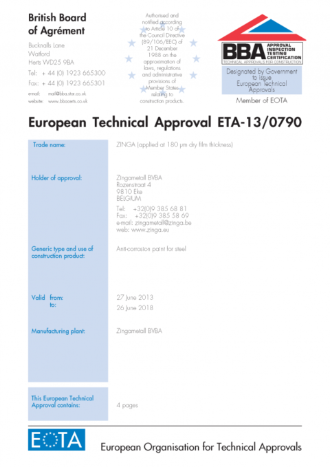 Certificates And Reports - Zinga - A Film galvanising System